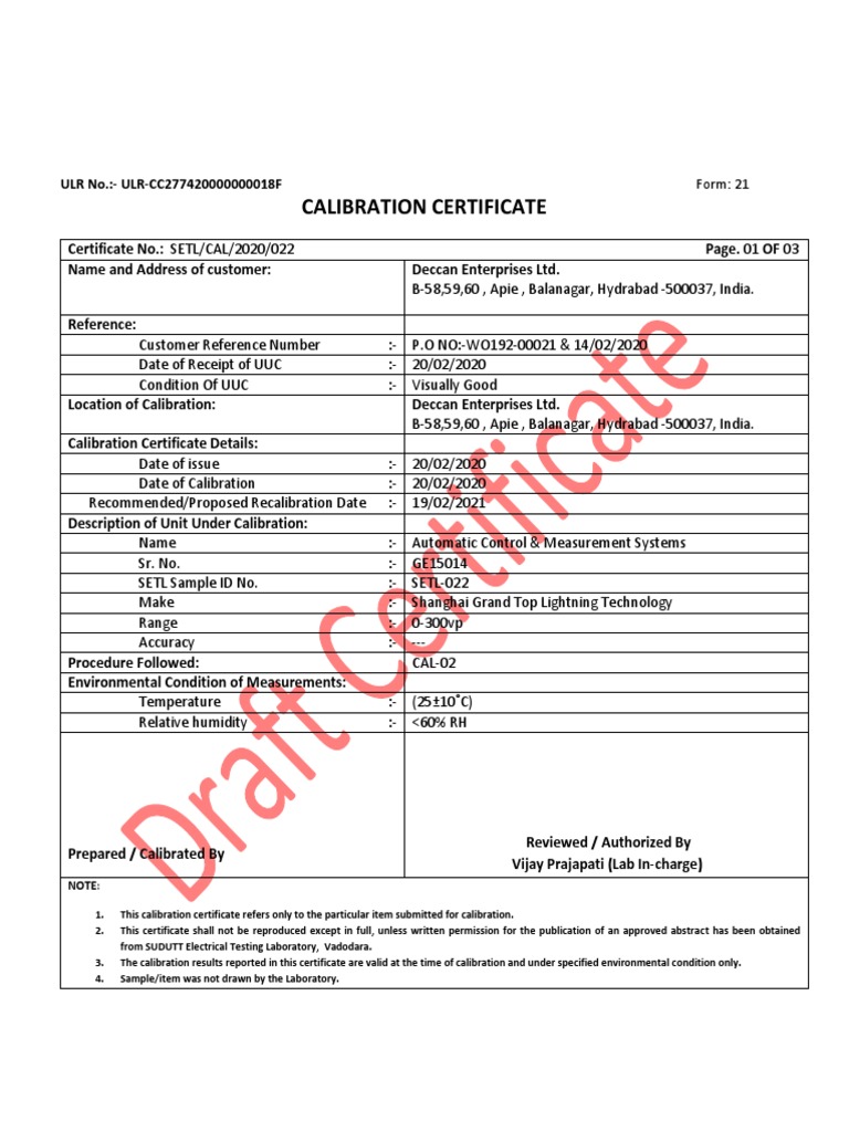 Draft Certificate (Impulse Analyzer) | PDF | Calibration | Scientific Observation