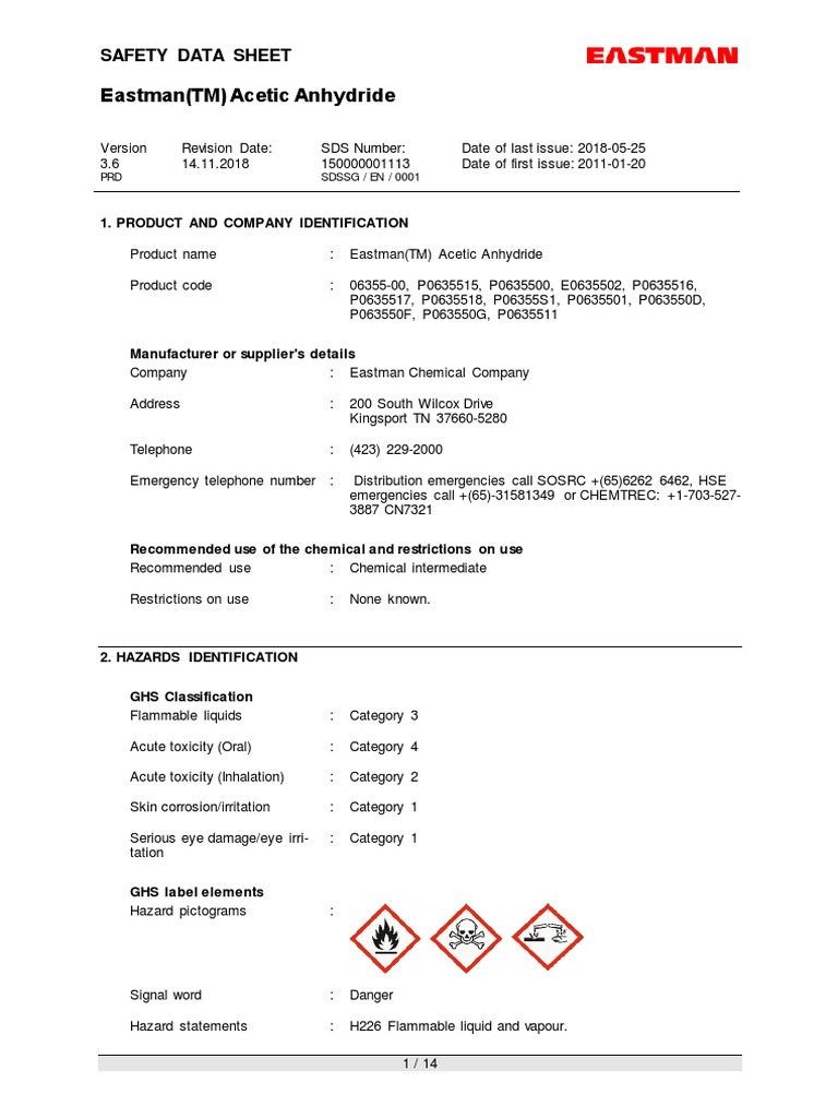 Acetic Anhydride MSDS - English | PDF | Toxicity | Dangerous Goods