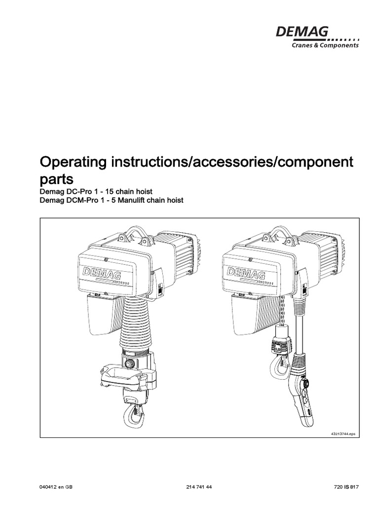 Operating Instructions Accessories Component Parts DC Pro Demag Chain Hoists | PDF | Safety | Clutch