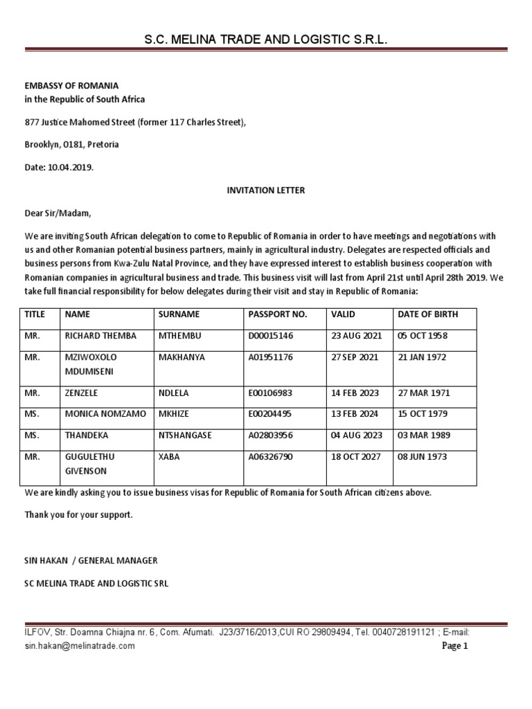 Invitation Letter South African Delegation | PDF