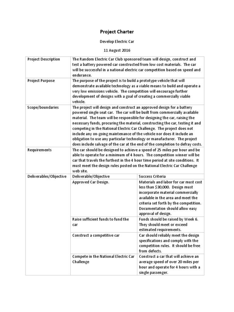 Electric Car Project Charter PDF | PDF | Car | Competition