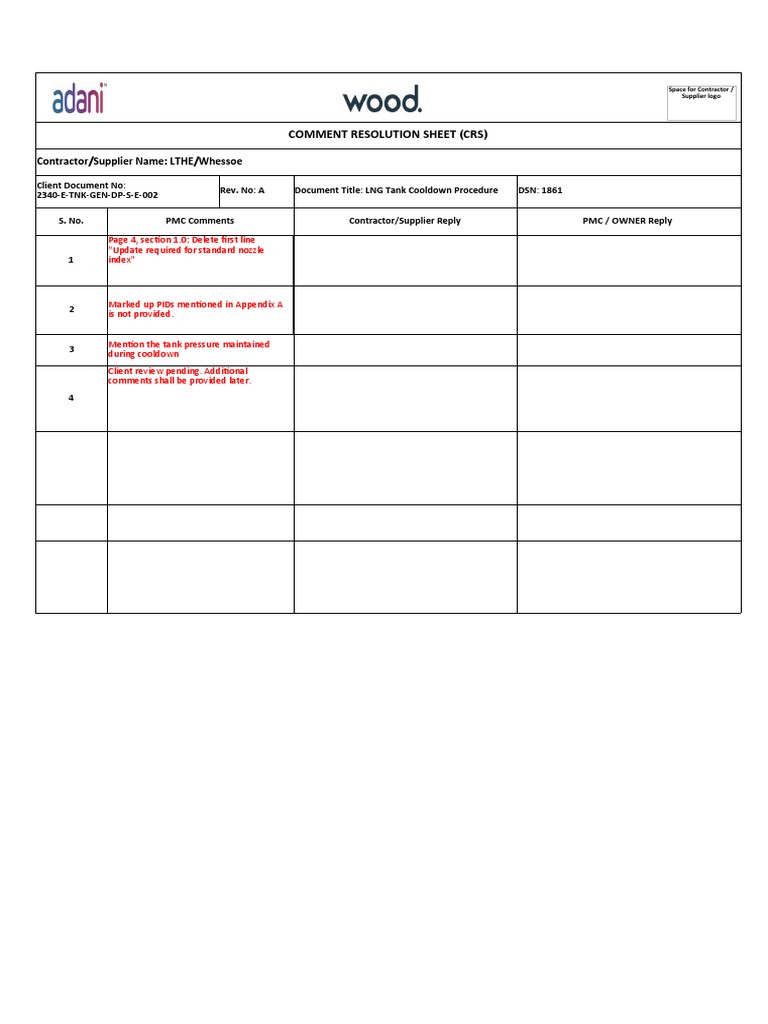 Comment Resolution Sheet (CRS) : Contractor/Supplier Name: LTHE/Whessoe ...