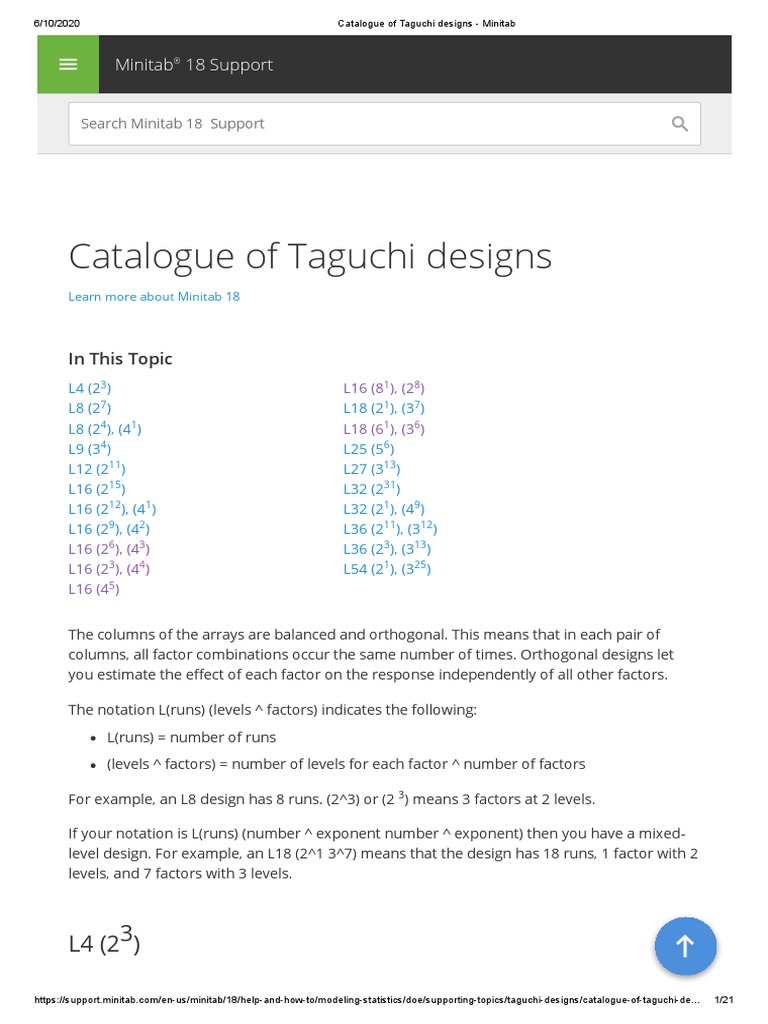 Catalogue of Taguchi Designs - Minitab | PDF | Design Of Experiments | Mathematical And ...