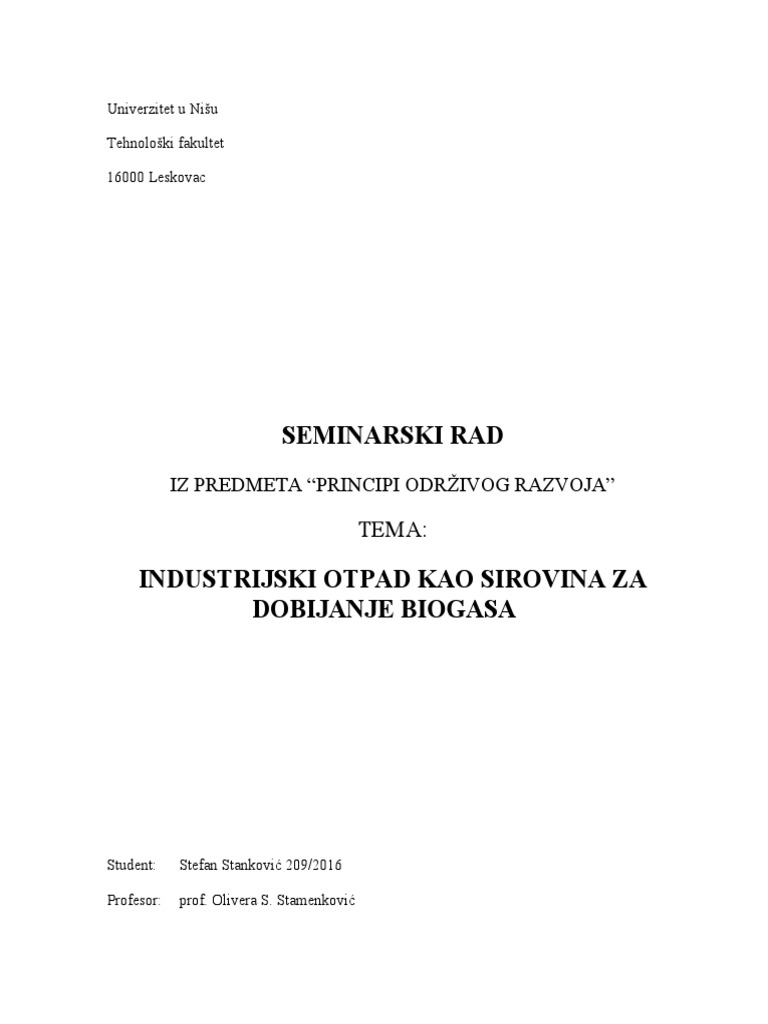 Seminarski Rad - Industrijski Otpad Kao Sirovina Za Dobijanje Biogasa | PDF