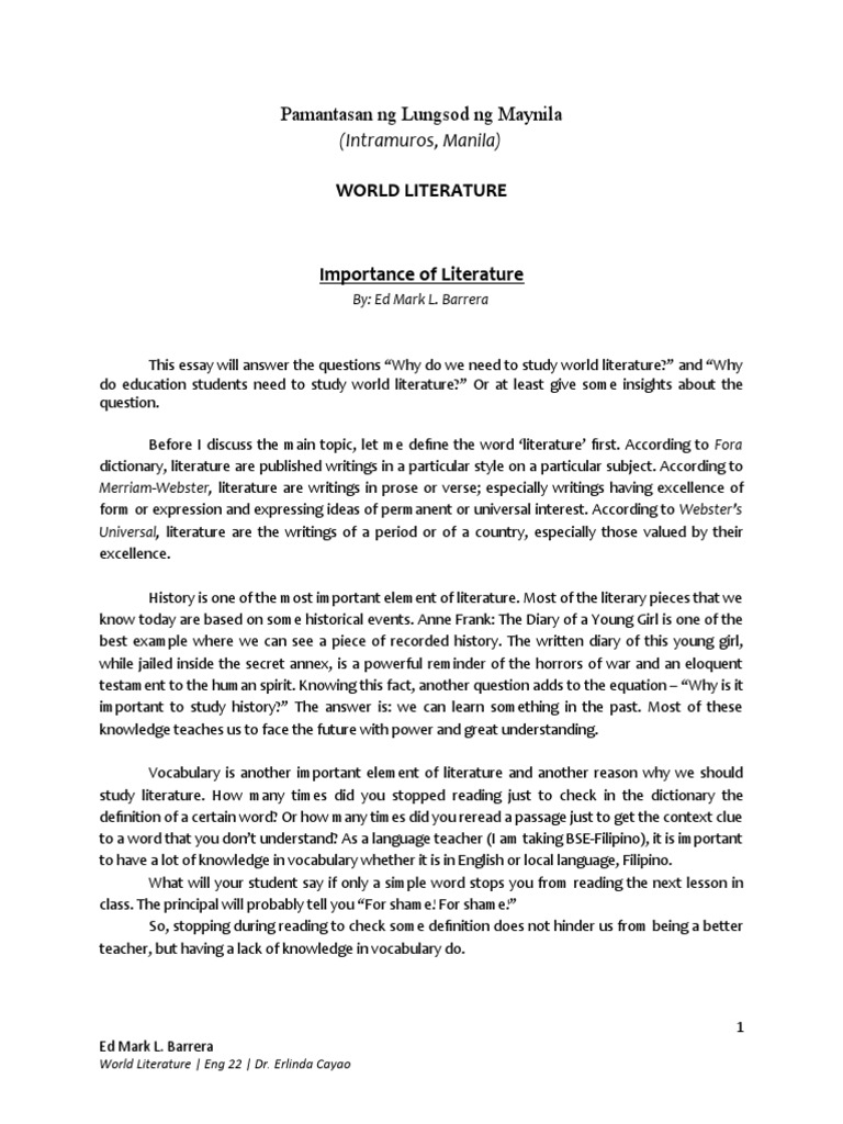 Importance of Studying World Literature | PDF | Vocabulary | Question
