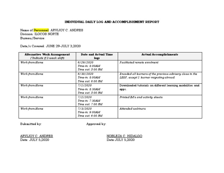 Individual Daily Log and Accomplishment Report | PDF