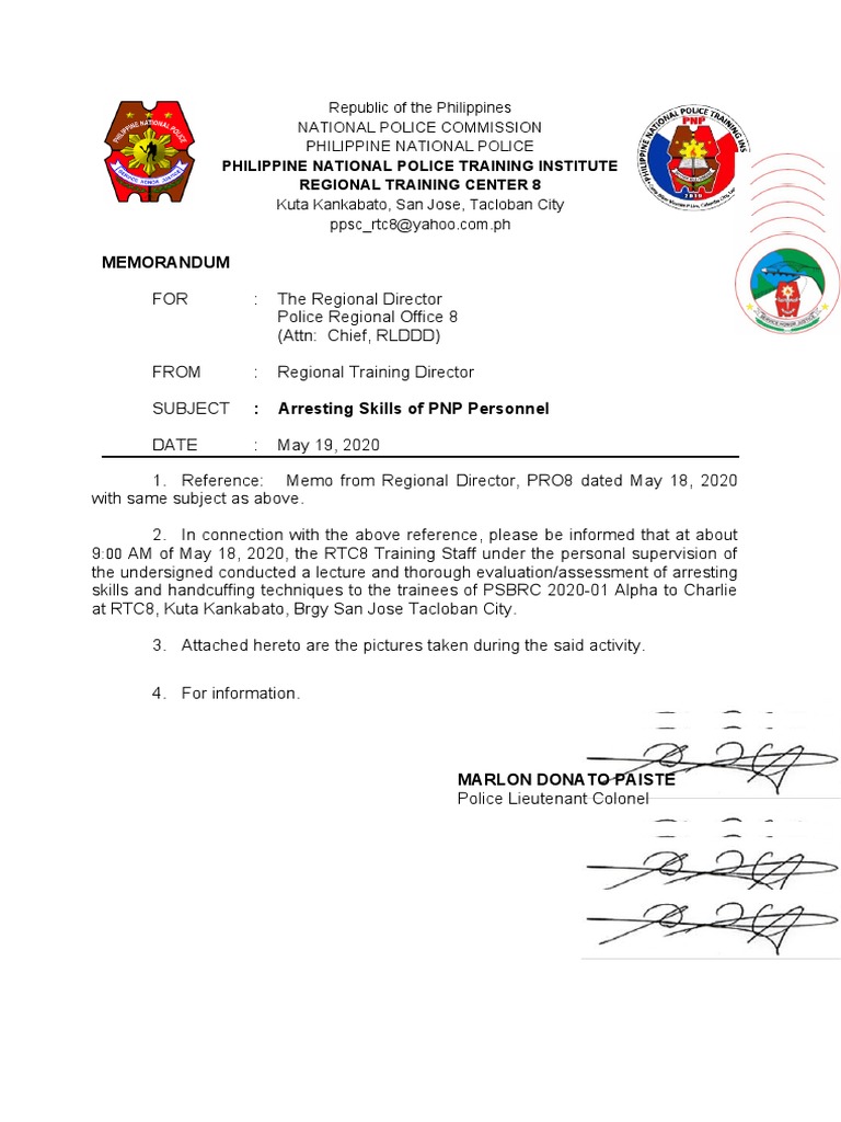 Memorandum: Philippine National Police Training Institute Regional ...