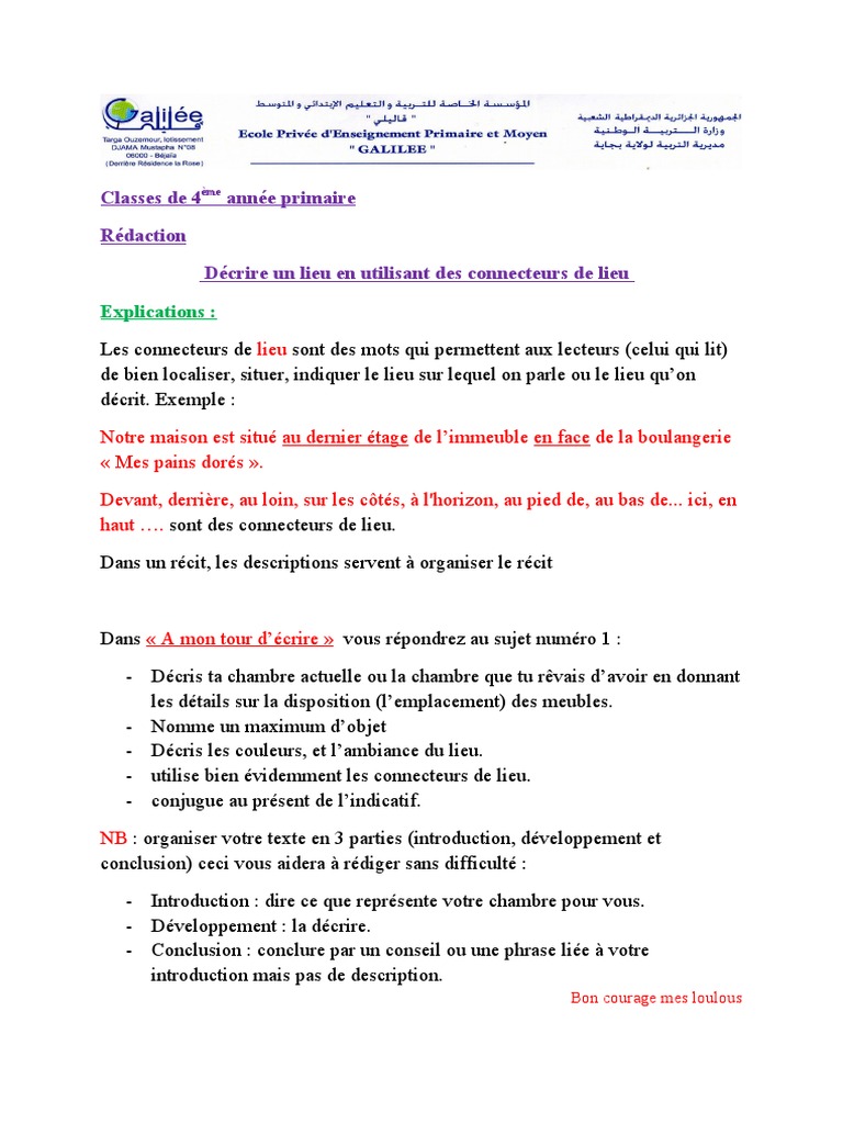 Rédaction : Décrire un Lieu avec Connecteurs | PDF | Arts du langage et ...