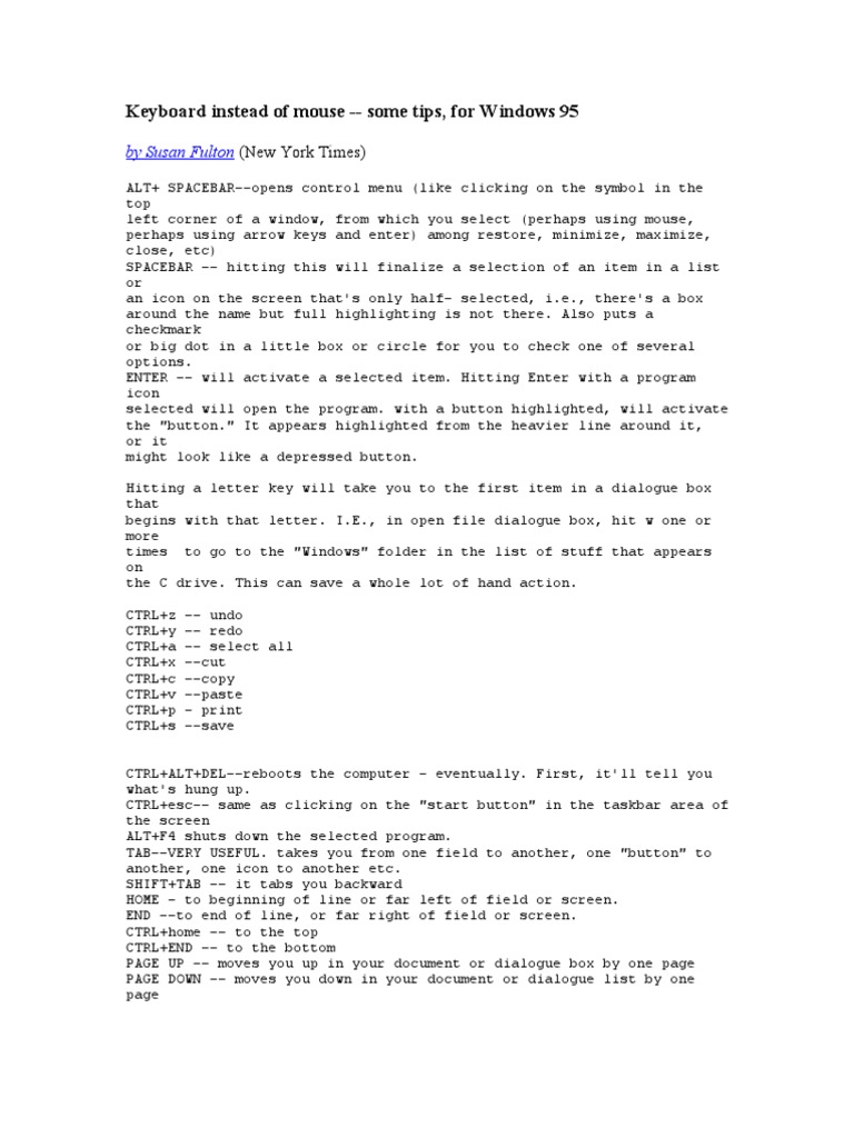 Windows 95 Keyboard Shortcuts Guide | PDF | Operating System Families ...