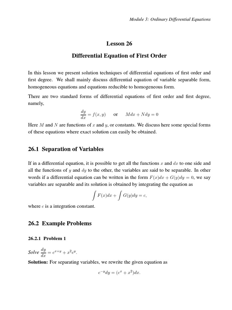 Lesson 26 Differential Equation of First Order: Dy DX F (X, Y) MDX ...