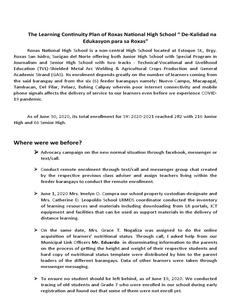 Learning Continuity Plan Pdf Teachers Learning