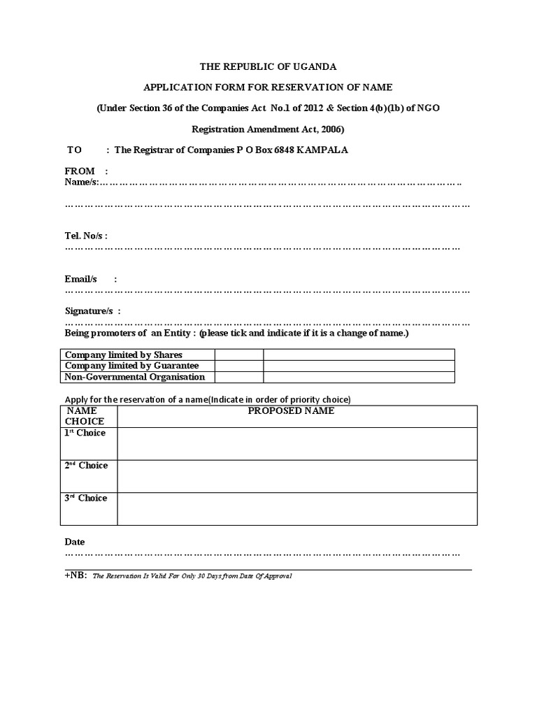Name Reservation Application Form Uganda | PDF