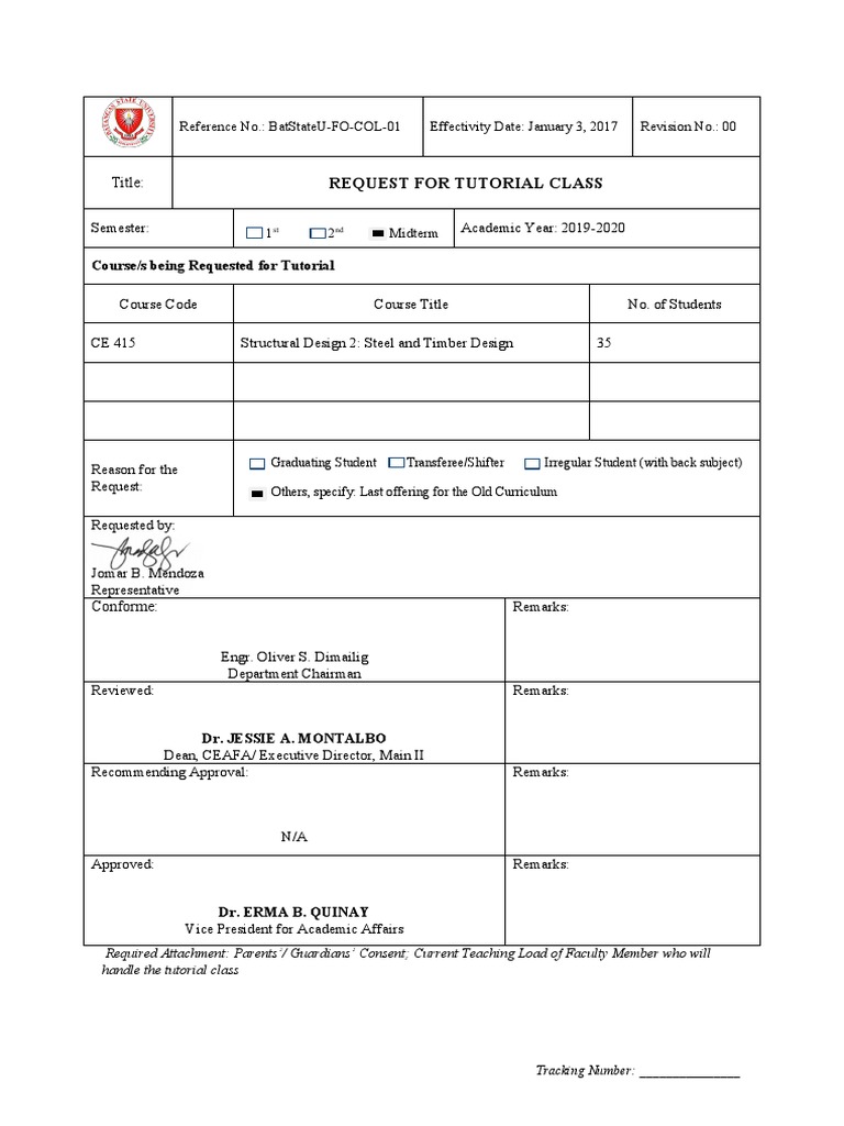 Request for a Tutorial Class in Structural Design 2 to Accommodate ...