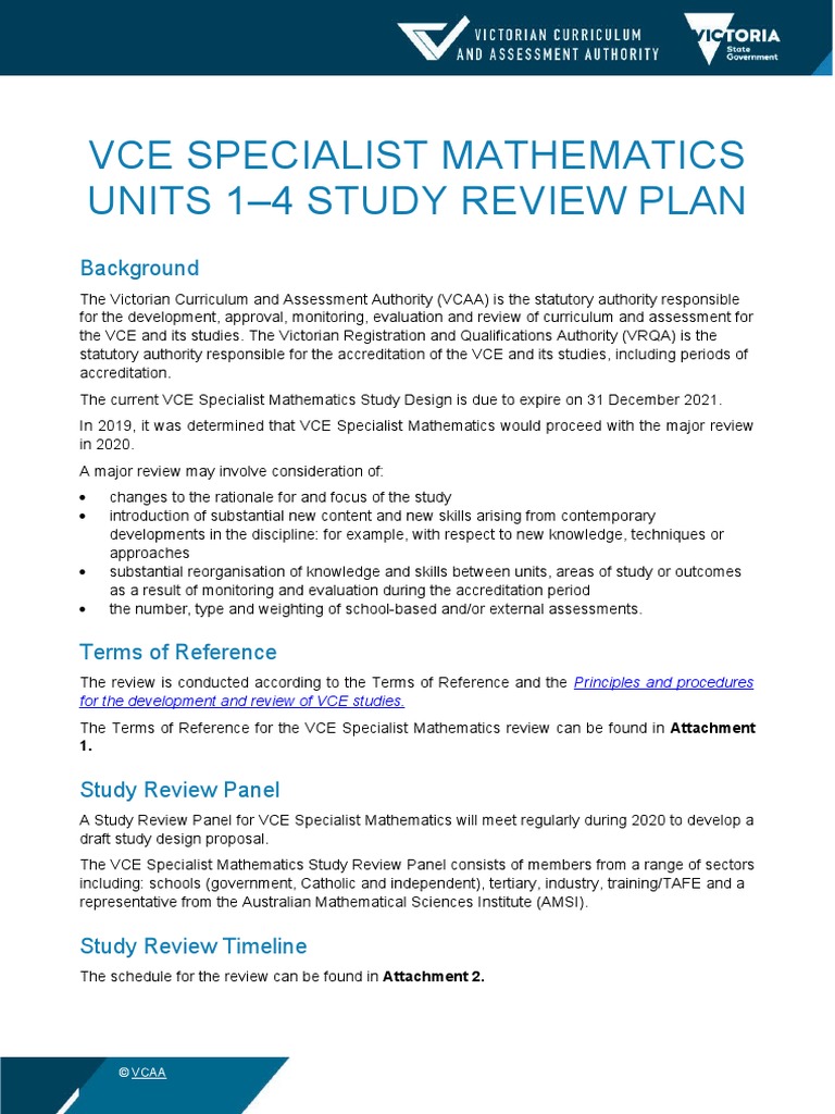 Vce Specialist Mathematics Units 1-4 Study Review Plan: Background ...