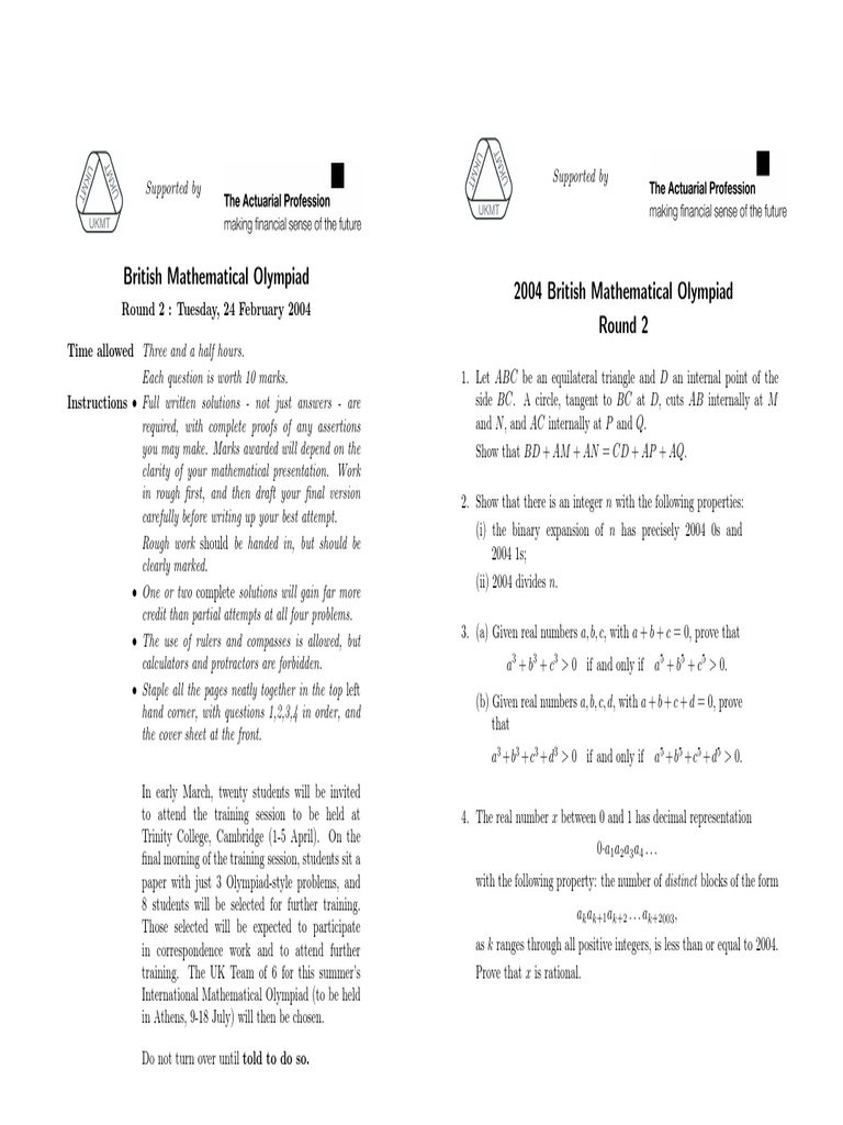 British Mathematical Olympiad 2004 British Mathematical Olympiad Round ...