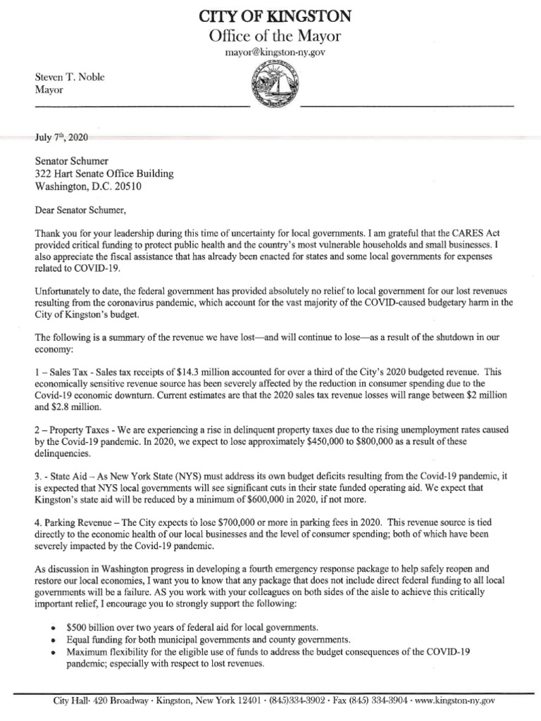 Senator Schumer - Federal Aid Request Letter | PDF | Taxes | Policy