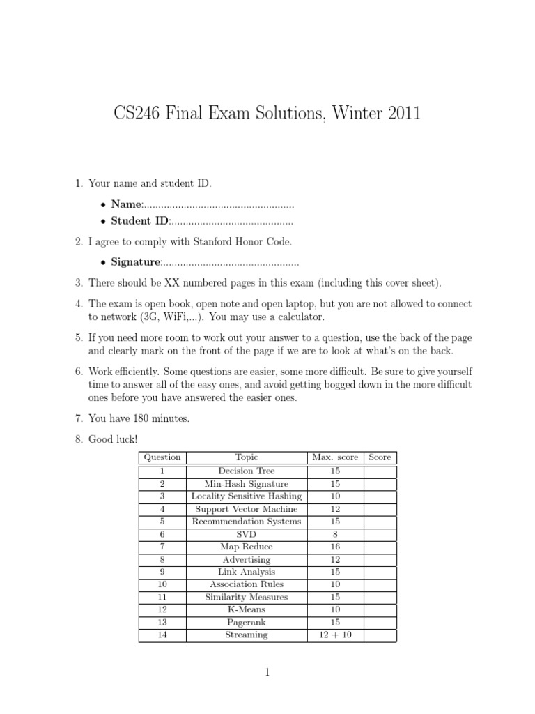 CS246 Final Exam Solutions, Winter 2011 | PDF | Matrix (Mathematics) | Cluster Analysis