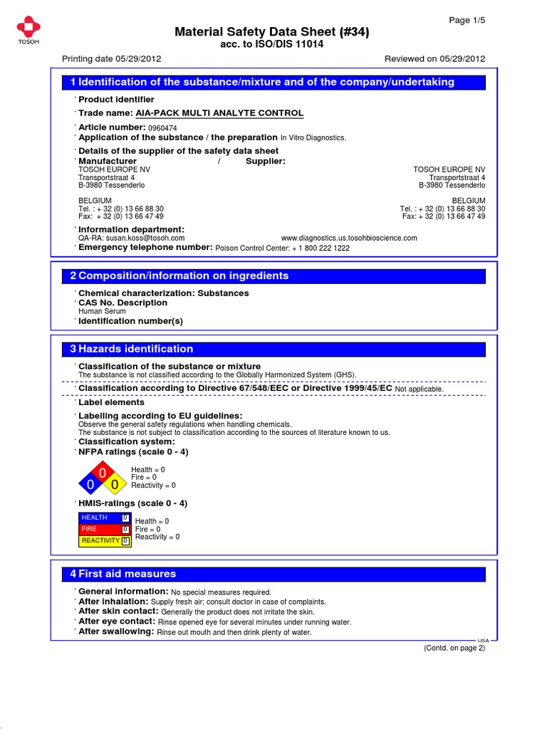 AIA-PACK Multi Analyte Control MSDS | PDF | Dangerous Goods | Safety