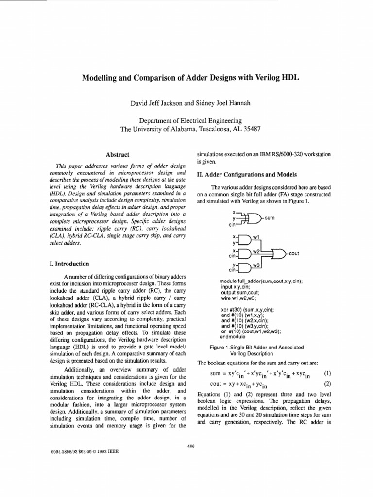 Modeiling And Comparison Of Adder Designs With Verilog Hdl System Theory 1993 Proceedings