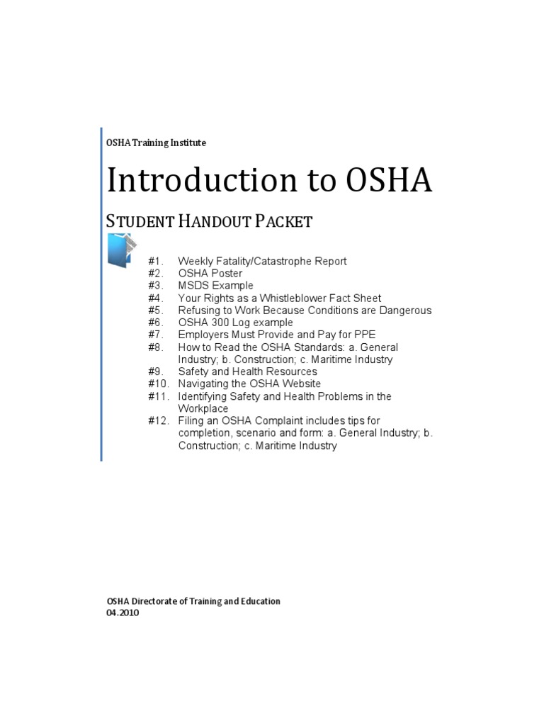 OSHA Intro Handout | PDF | Occupational Safety And Health Administration | Whistleblower