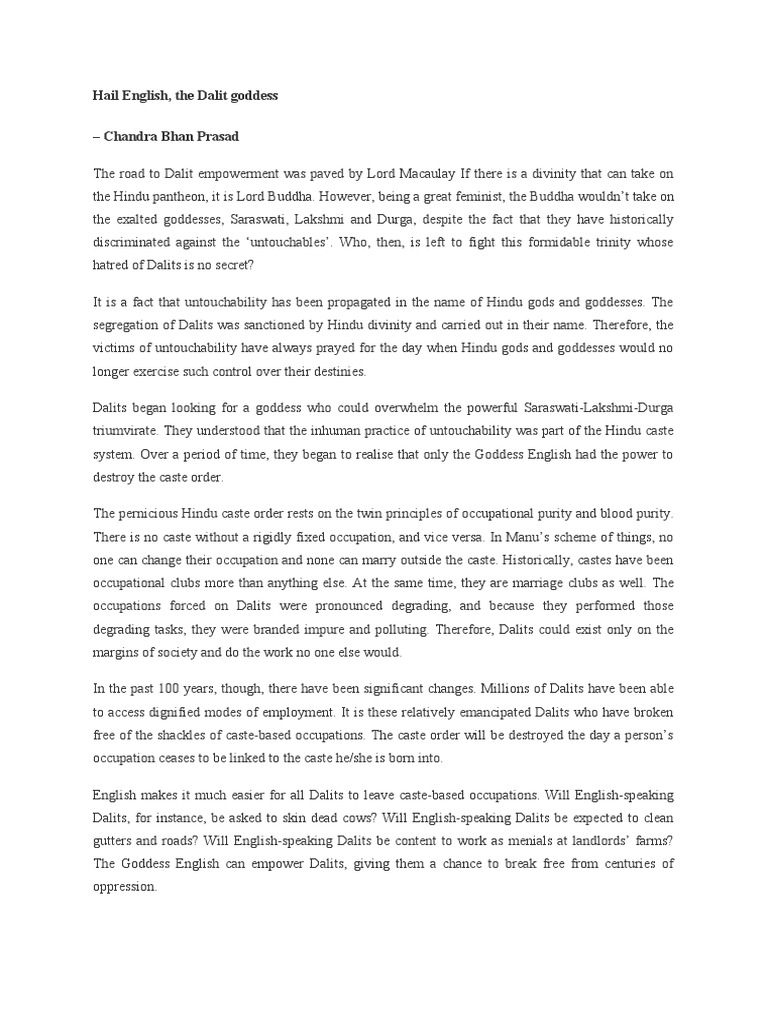 Hail English, The Dalit Goddess - Chandra Bhan Prasad | PDF | Dalit | Caste