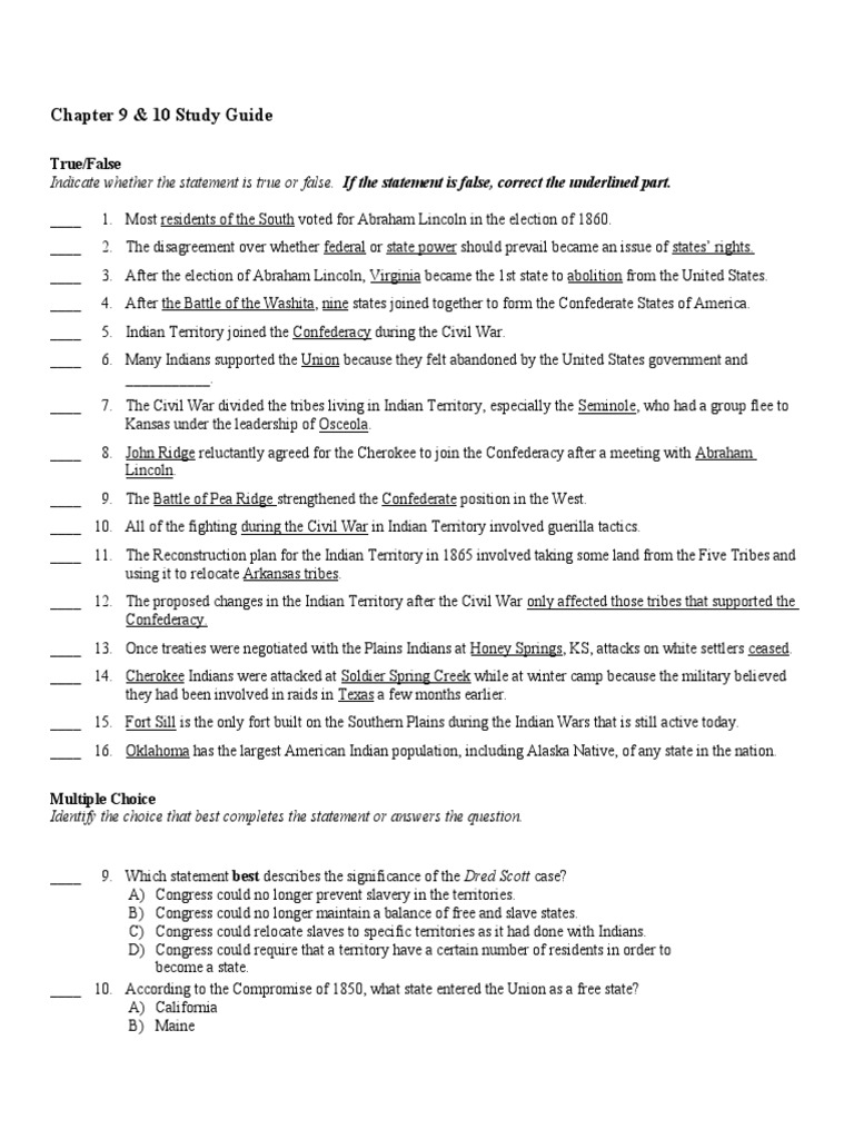 Chapter 9 & 10 Study Guide | PDF | Indian Territory | American Civil War