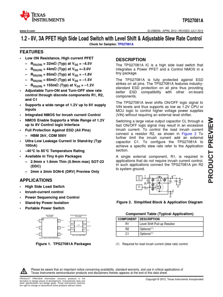 1.2 - 8V, 3A PFET High Side Load Switch With Level Shift & Adjustable Slew Rate Control | PDF ...