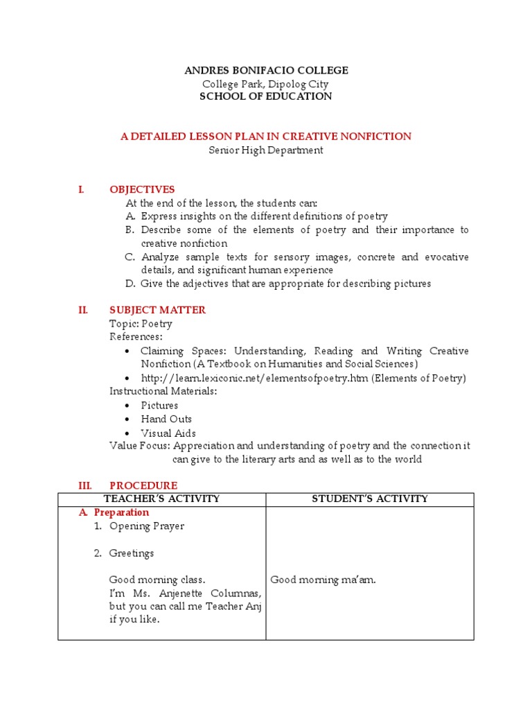 Sample Lesson Plan-Poetry | PDF | Poetry | Imagination
