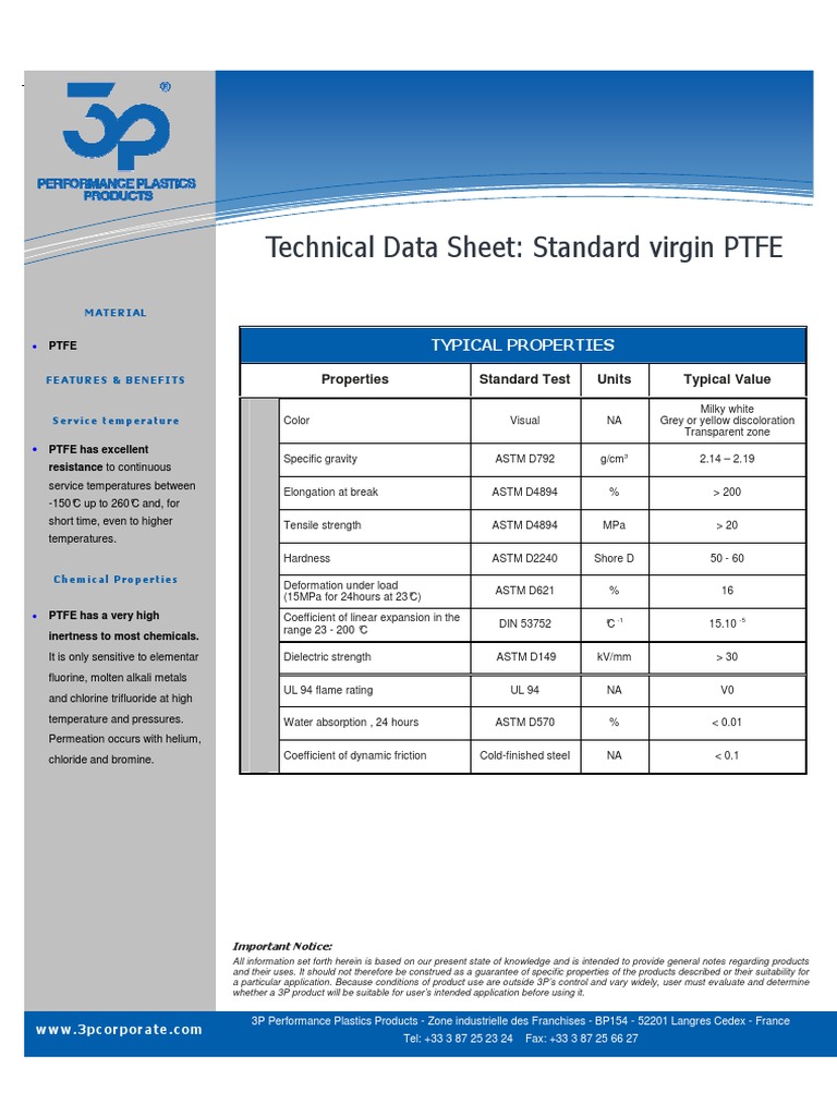 3P Technical Data Sheet - Standard Virgin PTFE-org | Download Free PDF ...