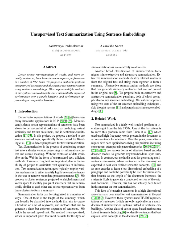 Unsupervised Text Summarization Using Sentence Embeddings Aishwarya Padmakumar Akanksha Saran