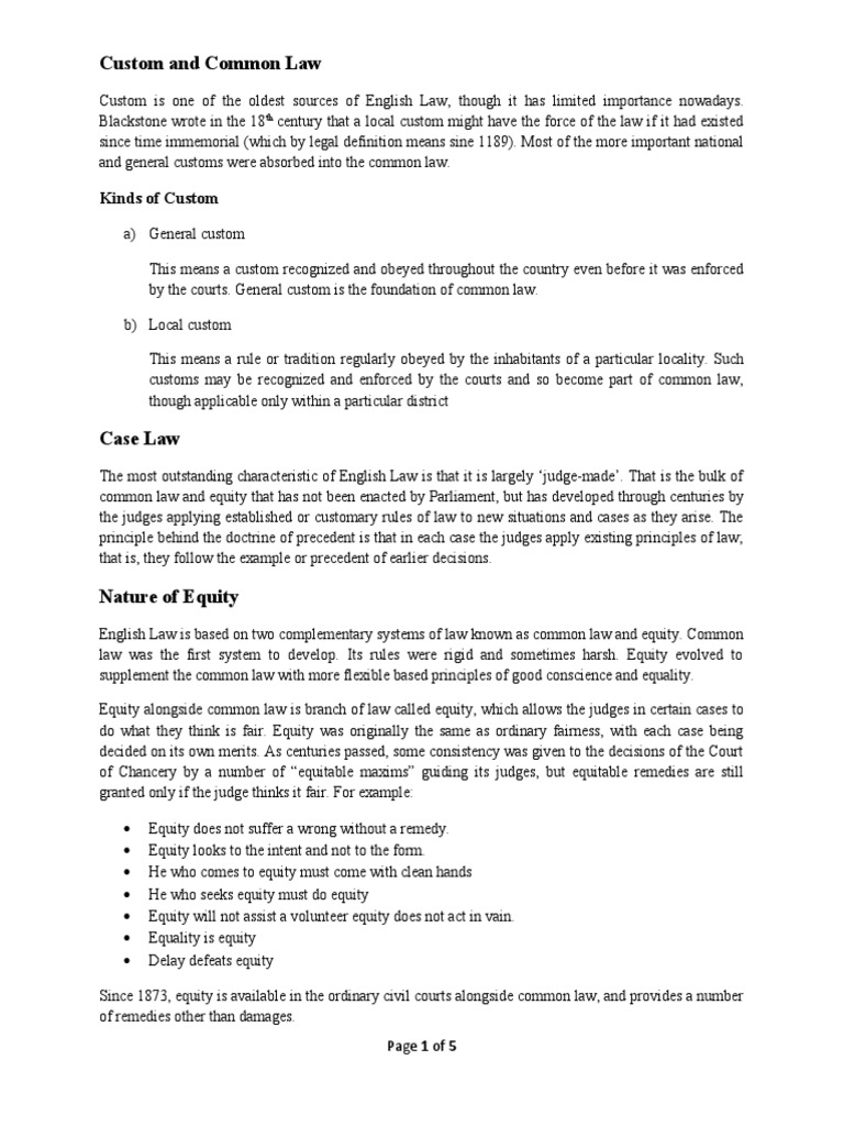 Custom and Common Law | PDF | Equity (Law) | Precedent