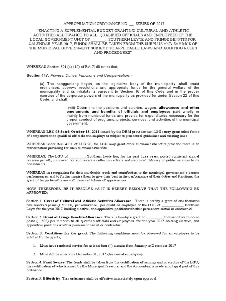 Sample Appropriation Ordinance | PDF | Employee Benefits | Local Government