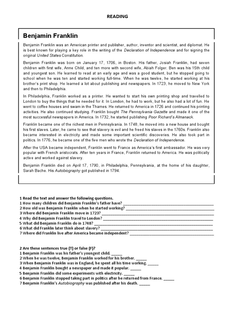 Benjamin Franklin: Reading | PDF | Benjamin Franklin | Slavery