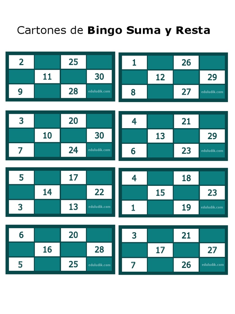 Cartones de Bingo Suma y Resta