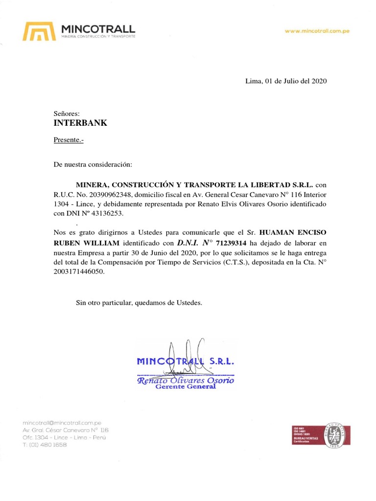 Carta de CTS | PDF