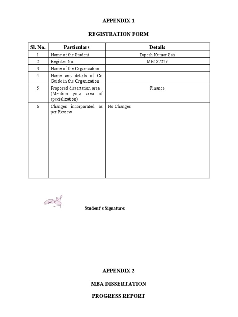 Appendix 1 Registration Form Sl. No. Particulars Details: Student's ...