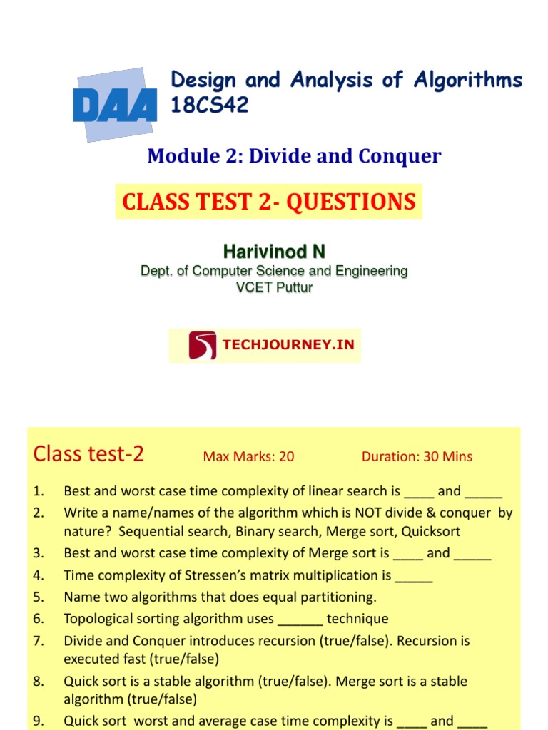 Class Test 2-Questions: Design and Analysis of Algorithms 18CS42 | PDF ...