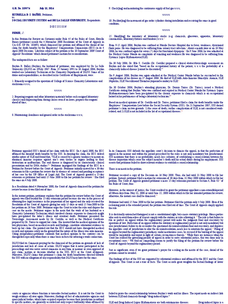 Bañez Vs SSS and DLSU | PDF | Systemic Lupus Erythematosus | Appeal