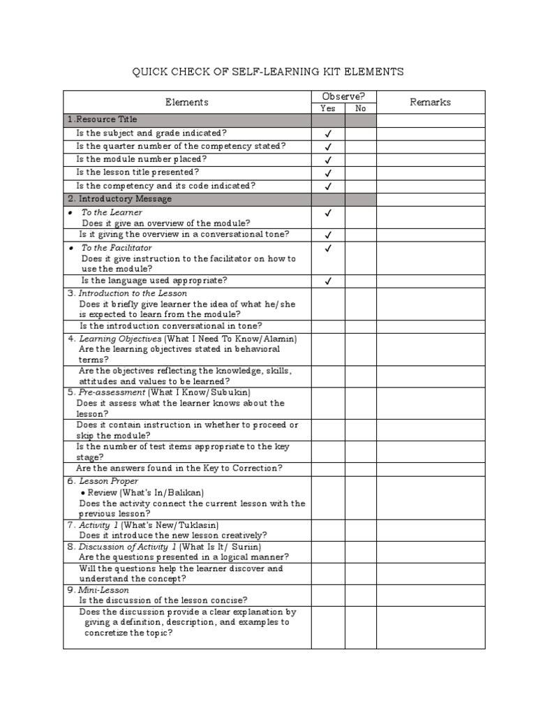 Quick Check of Self-Learning Kit Elements | PDF | Question | Learning