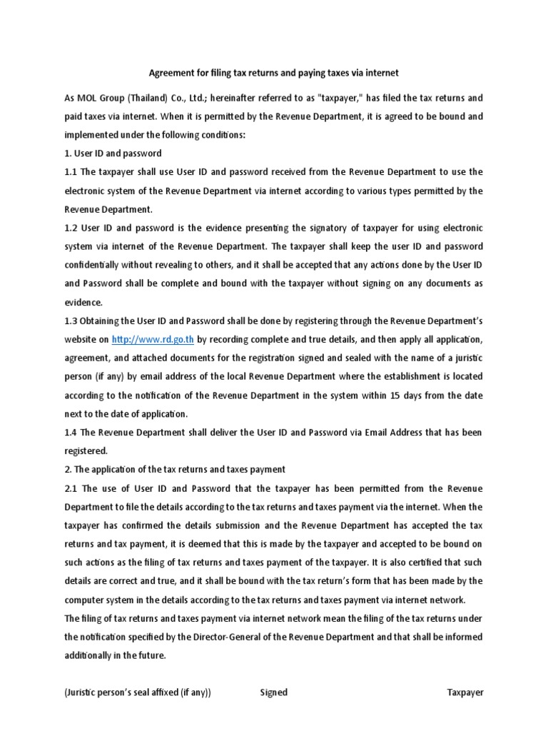 Agreement For Filing Tax Returns and Paying Taxes Via Internet | PDF ...