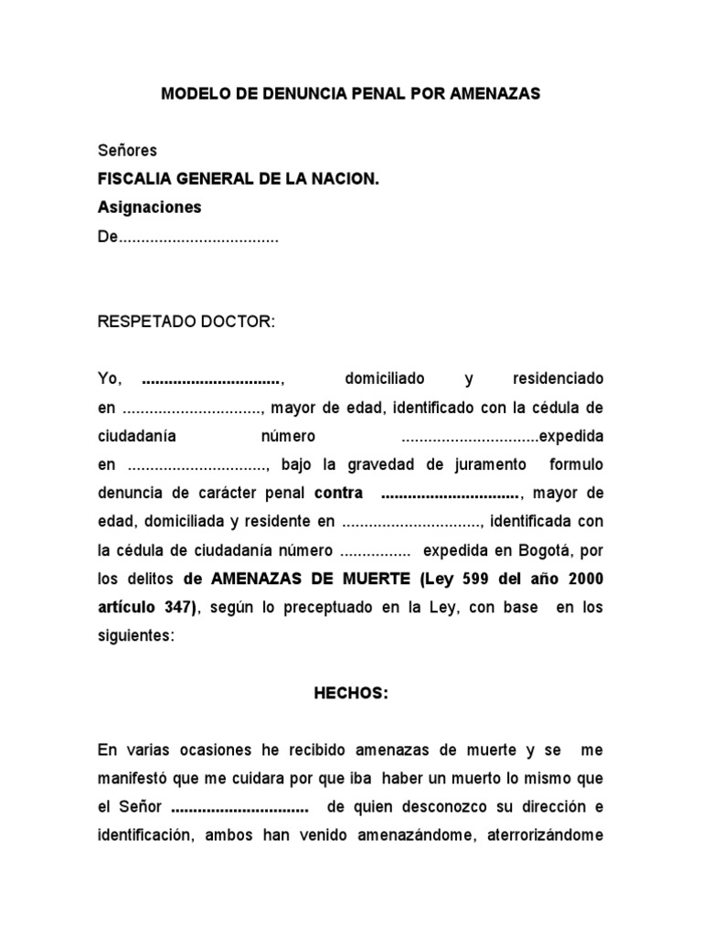 Modelo Denuncia Por Amenazas | PDF | Derecho
