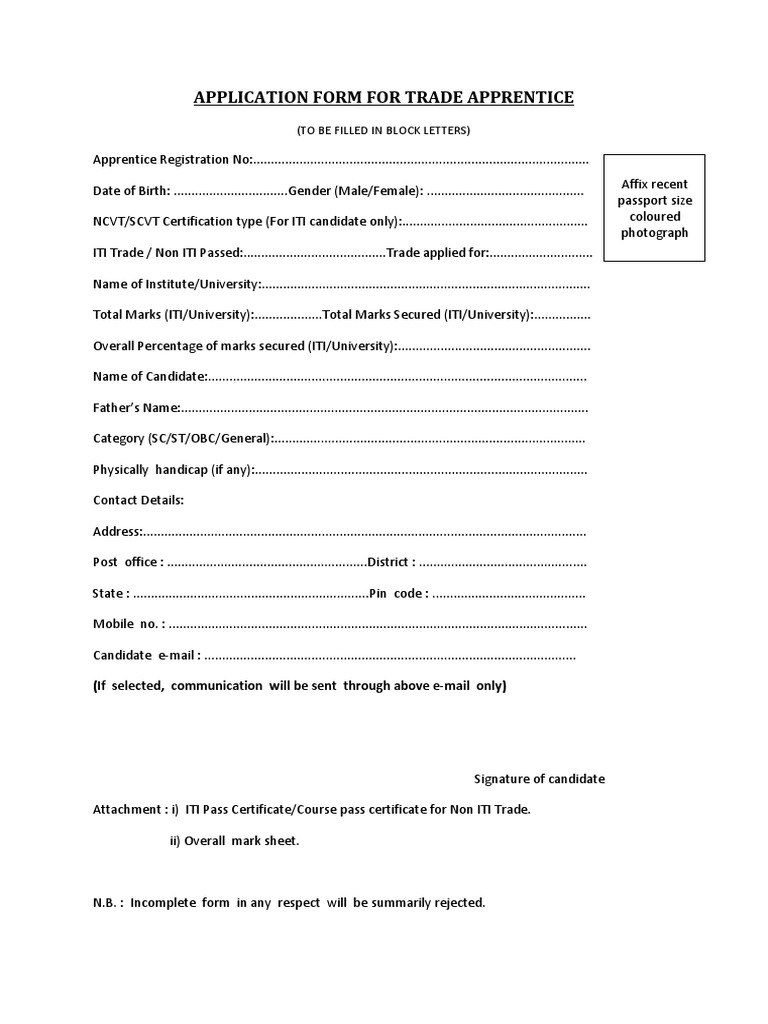 Application Form For Trade Apprentice: (To Be Filled in Block Letters ...