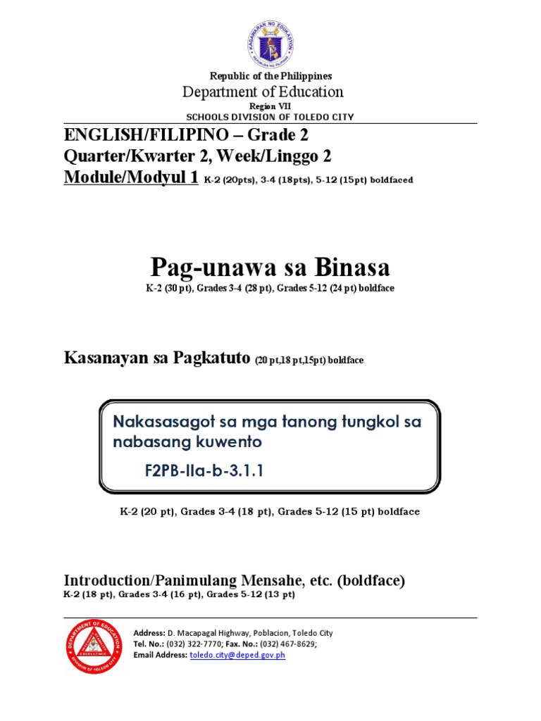 Pag-Unawa Sa Binasa: English/Filipino - Grade 2 Quarter/Kwarter 2, Week/Linggo 2 Module/Modyul 1 ...