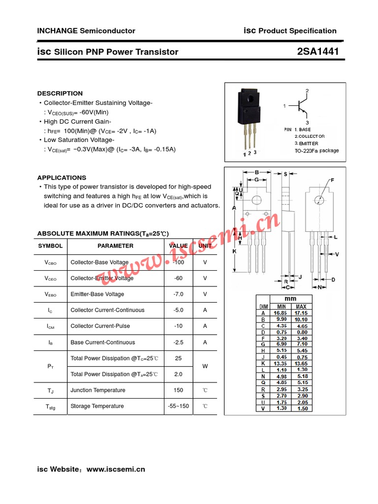 WWW - Iscsemi.cn: Isc 2SA1441 | PDF | Bipolar Junction Transistor ...
