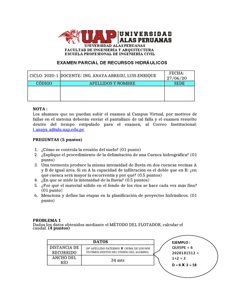 Examen de Recursos Hidráulicos | PDF | Agua | Geografía Física