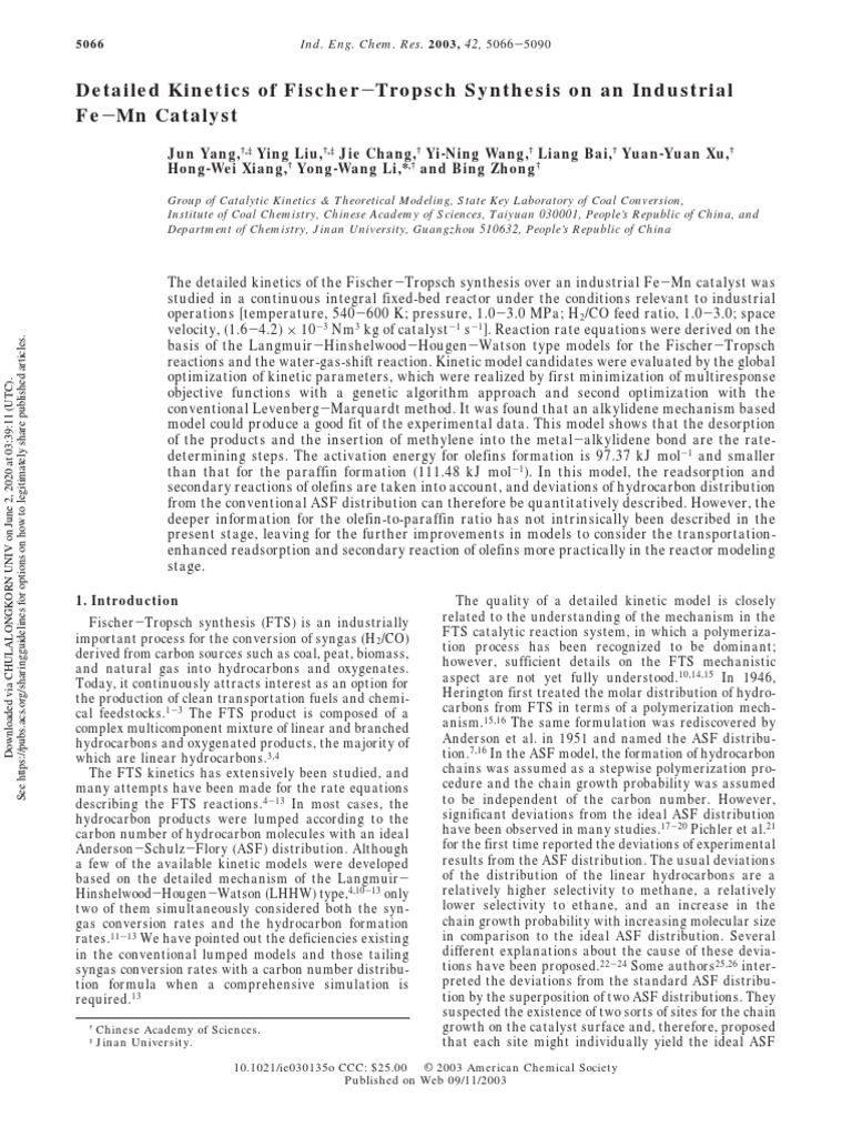 (WGS) - Detailed Kinetics of Fischer Tropsch Synthesis On An Industrial ...