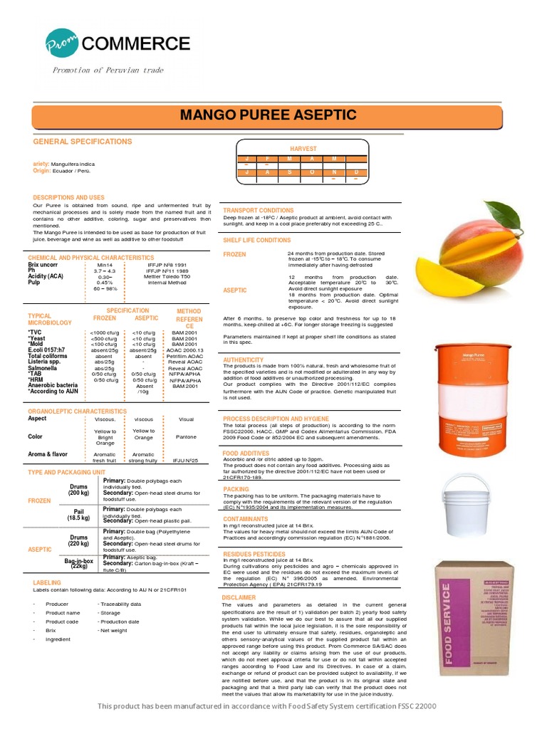 Frozen & Aseptic Mango Puree | PDF | Freezing | Packaging And Labeling