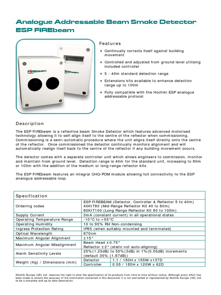 Analogue Addressable Beam Smoke Detector Esp Firebeam: Features | PDF ...