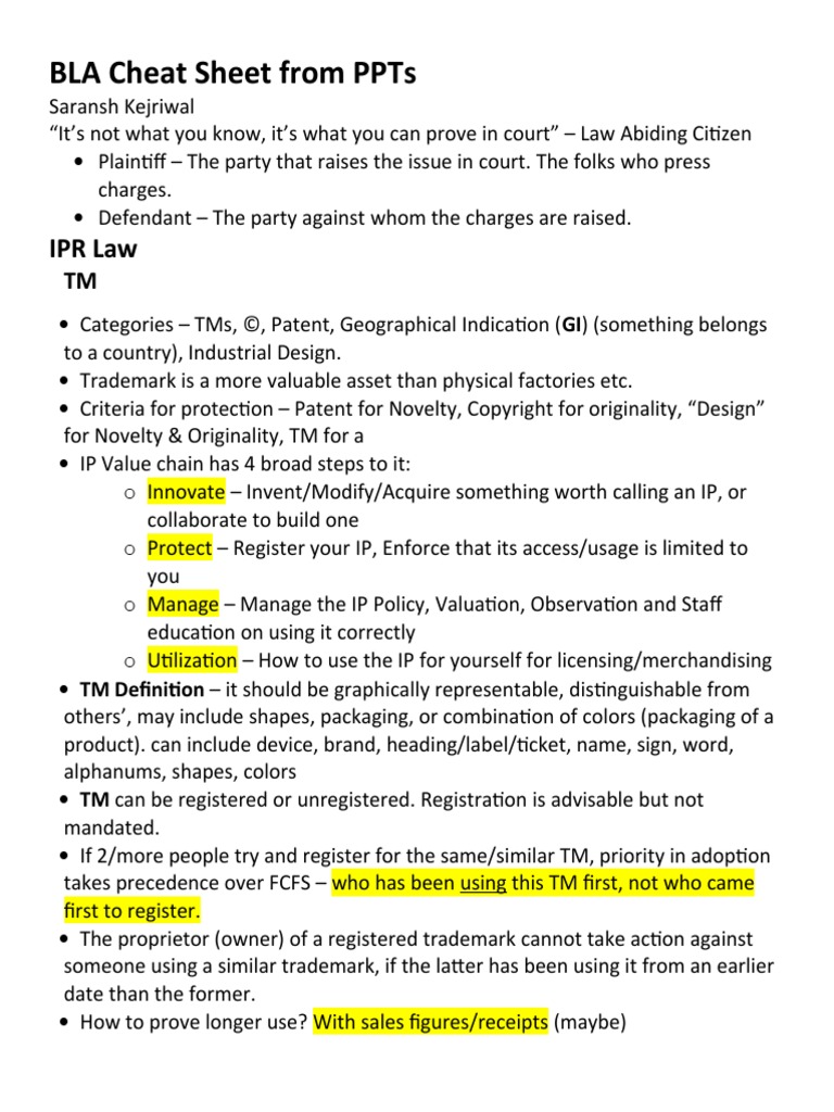 BLA Cheat Sheet - Mark 3 | PDF | Intellectual Property | Trademark