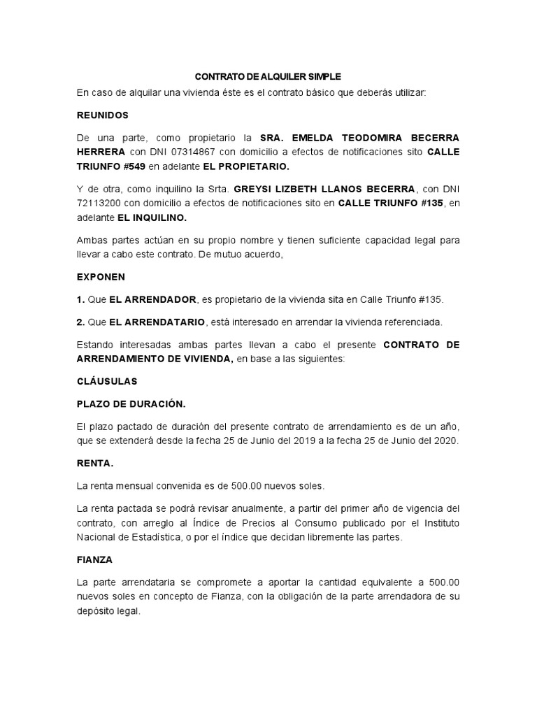 Modelo de Contrato de Alquiler Simple | PDF | Alquiler | Economias